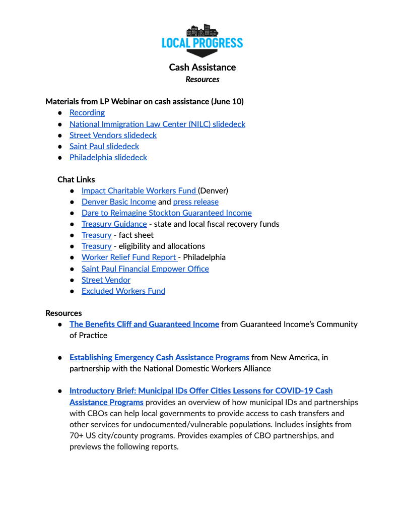 Cash Assistance - Local Progress