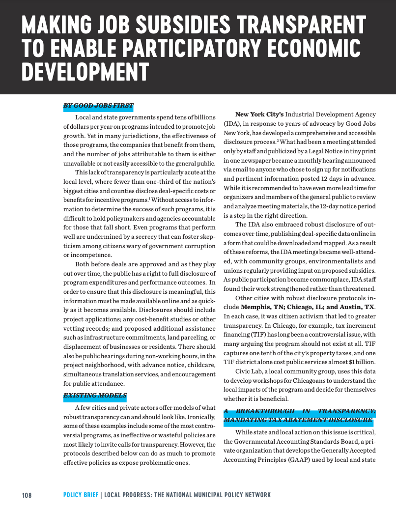 Making Job Subsidies Transparent - Local Progress